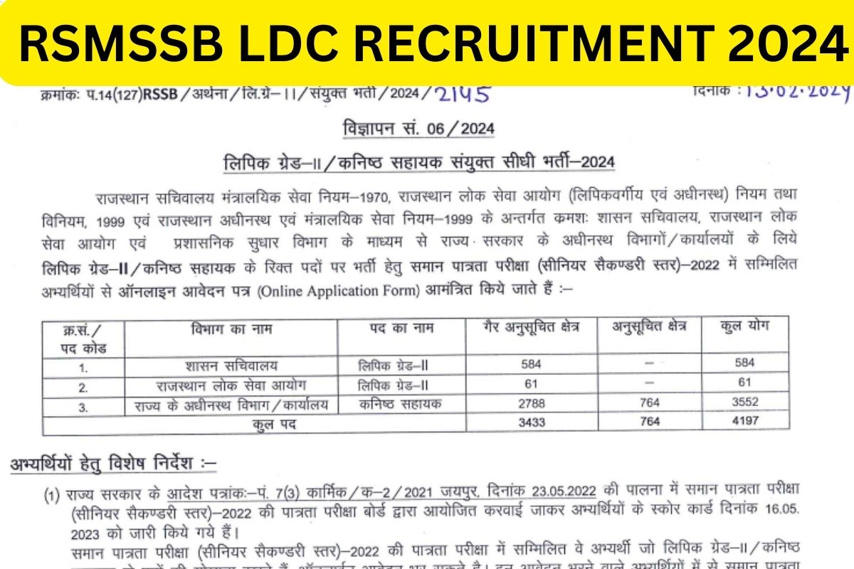 RSMSSB LDC Recruitment 2024 - Notification PDF, Apply Online